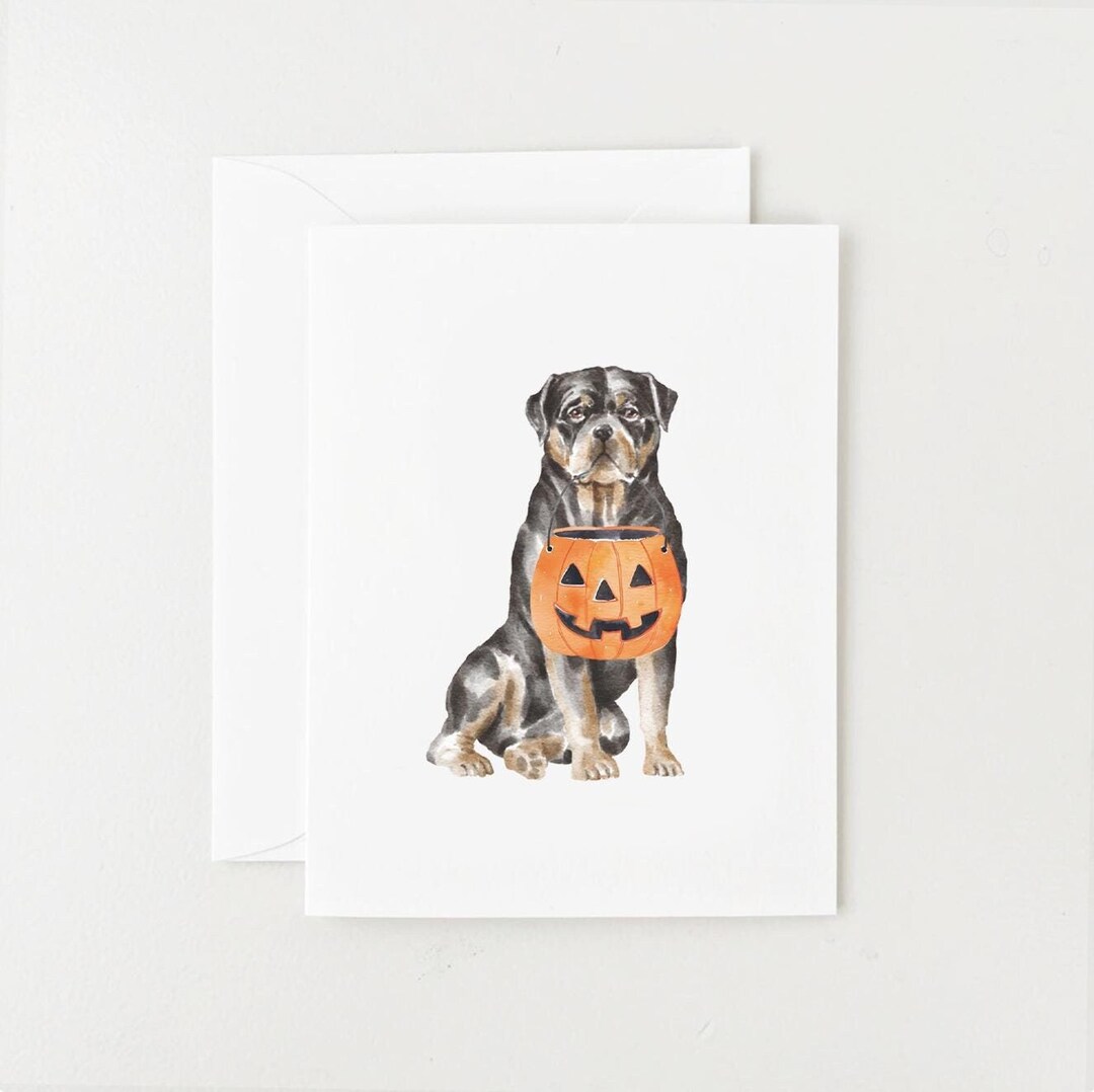 Rottweiler Halloween Card, Dog Pumpkin Card, Dog Carrying Trick or ...