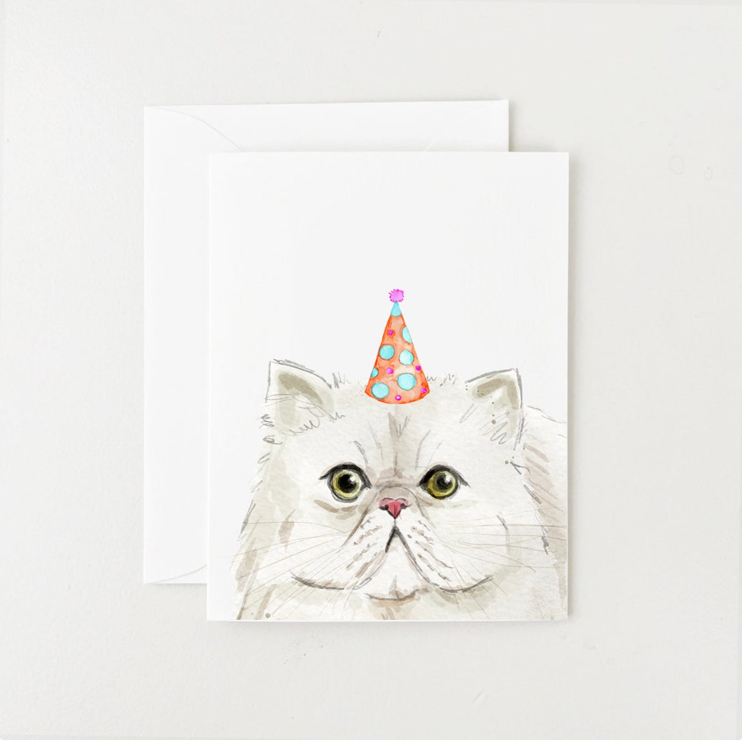 White Cat Birthday Card, Cute Watercolor Cat With Party Hat, White Long ...