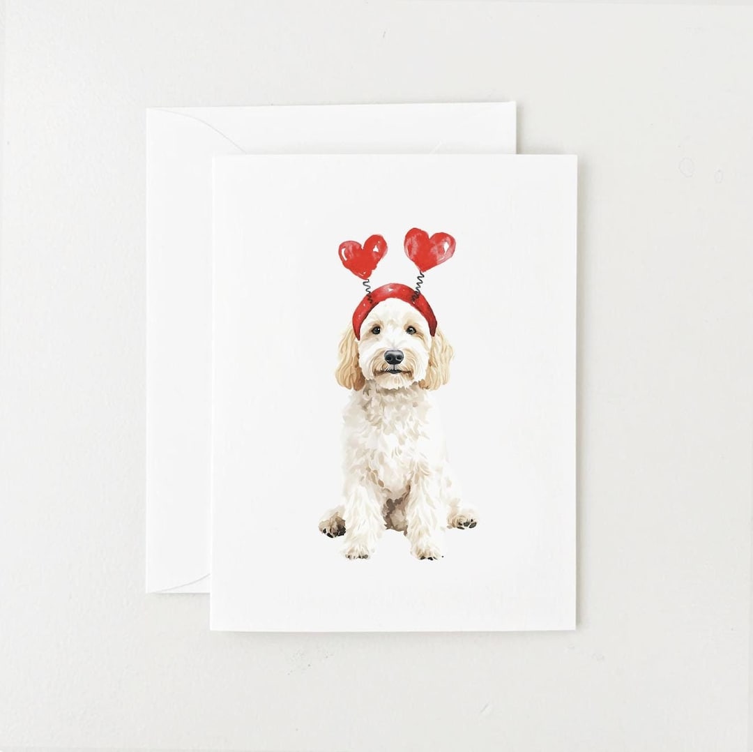 Cream Labradoodle Valentine Cards, Box Set of 8, Watercolor Doodle Dog ...