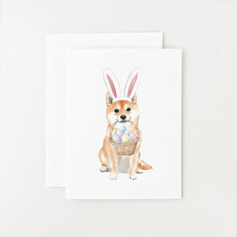 Shiba Inu Easter Bunny Card, Dog With Basket of Eggs, Easter Stationery ...