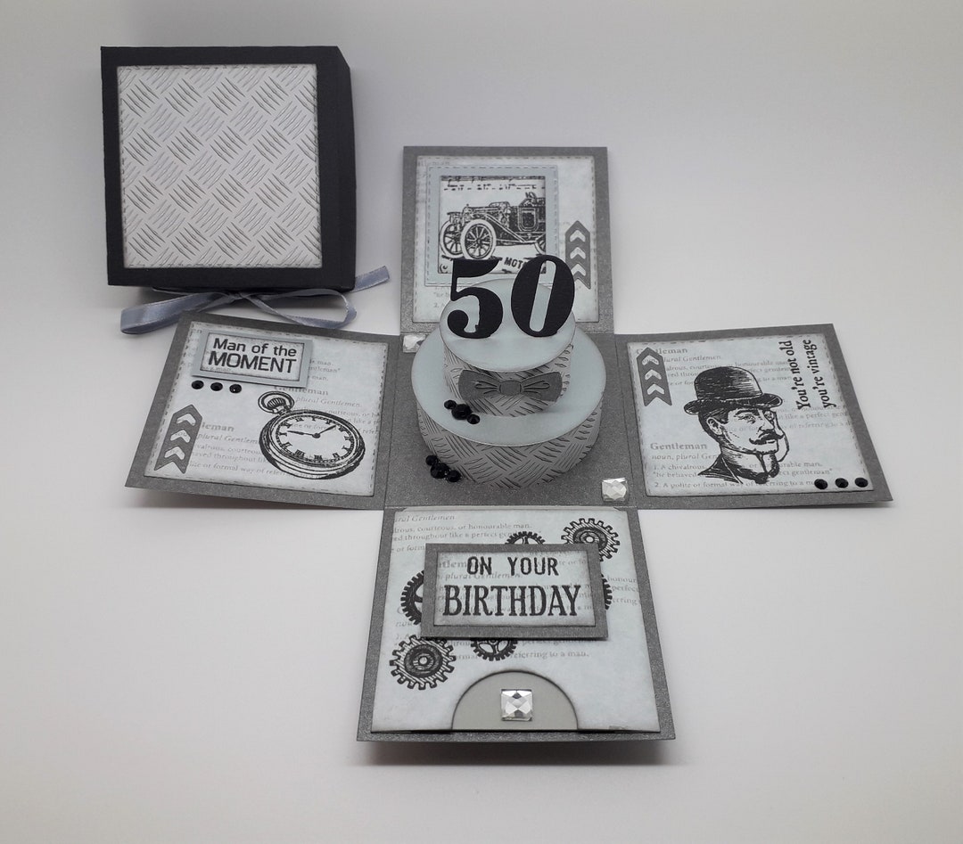 Male Birthday Cake Exploding Box Card Male Exploding Box Card Gray ...