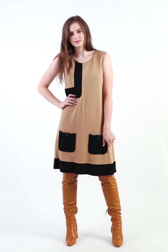 1960s Tan Shift Dress - Vintage 60s Beige Mod 70s Mad… - Gem