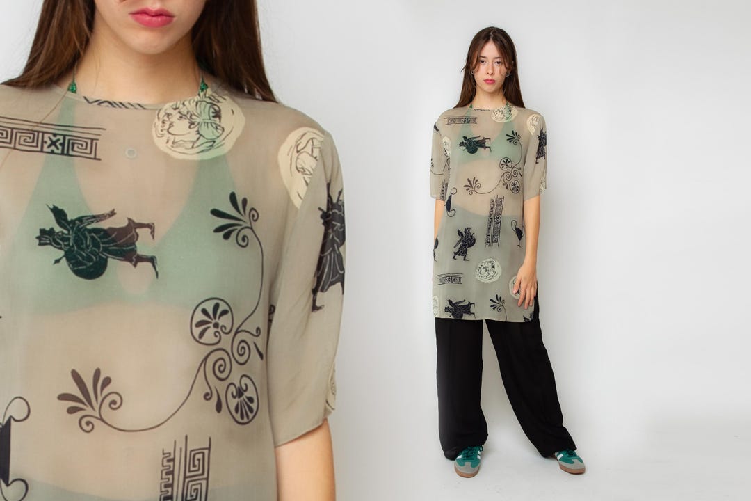 90s Sheer Dress 1990s Tunic Top Ancient Greece Print Ethnic Geometric ...
