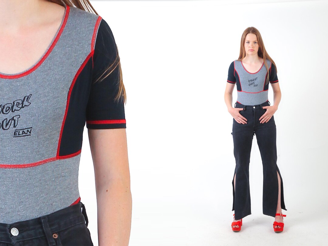 90s Color Block Leotard Short Sleeve Bodysuit Top One Piece Grey Body ...