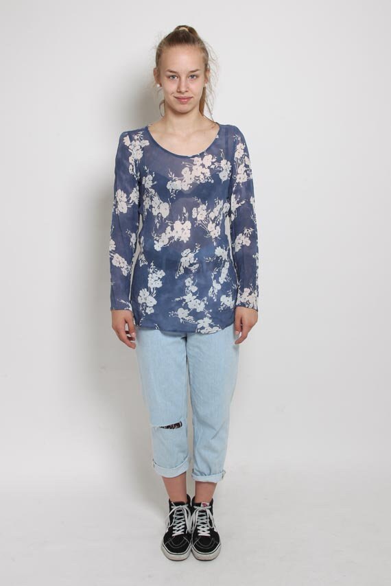 1990s Blue Floral Blouse Vintage 90s Sheer Top Boat Neck Y2K Romantic ...
