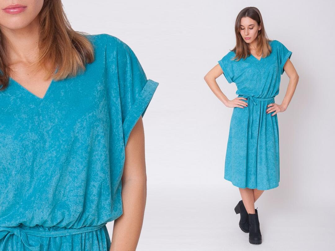 80s Turquoise Dress Vintage 1980s Sundress V Neck Secretary Blue Velvet ...