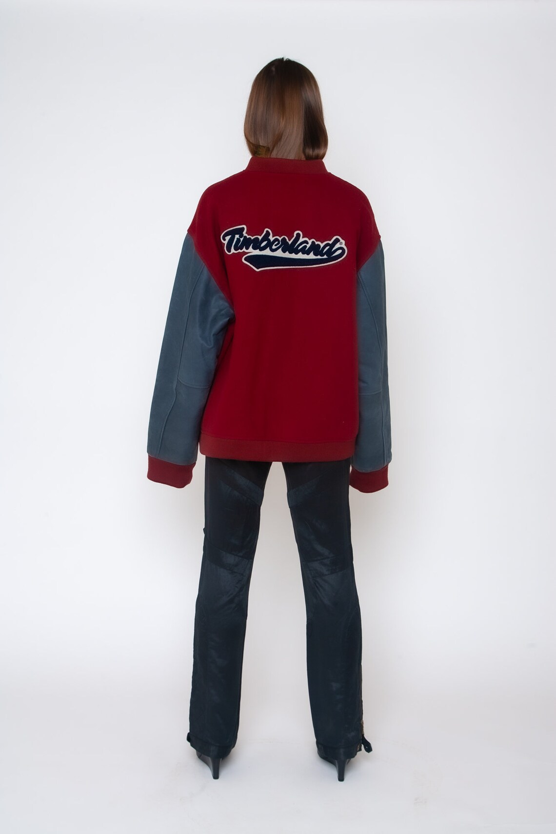 Red Leather Jacket 80s TIMBERLAND Wool Jacket Gray Bomber Jacket 90s ...