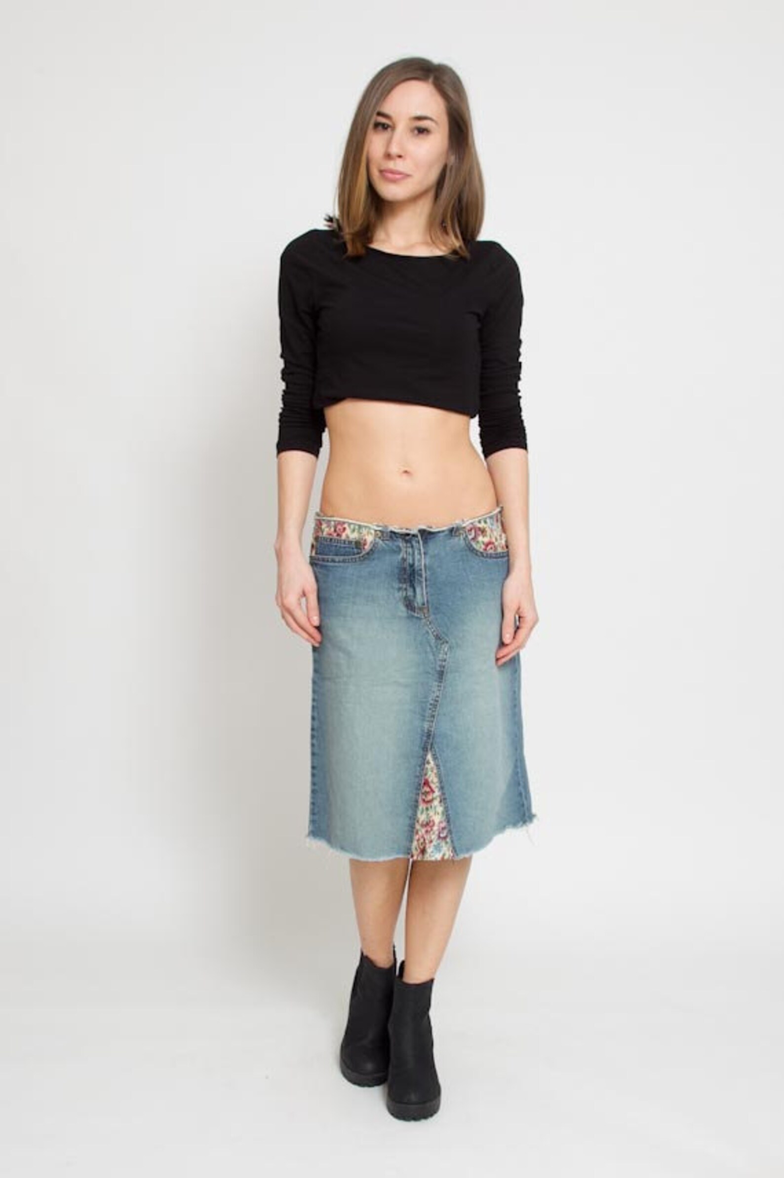 1990s Denim Skirt Vintage 90s Frayed Pencil Jeans Skirt Blue Floral ...