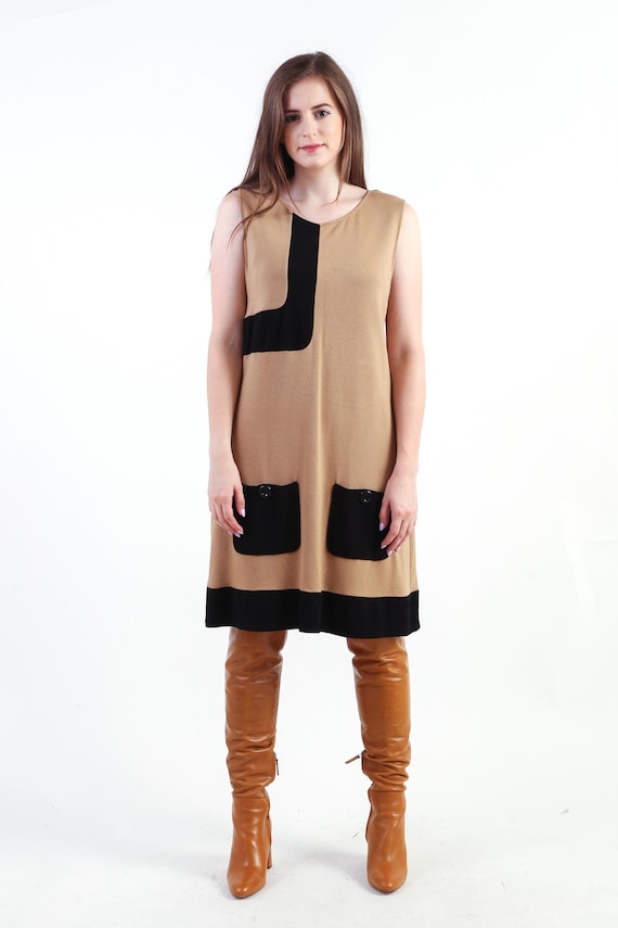 1960s Tan Shift Dress - Vintage 60s Beige Mod 70s Mad… - Gem