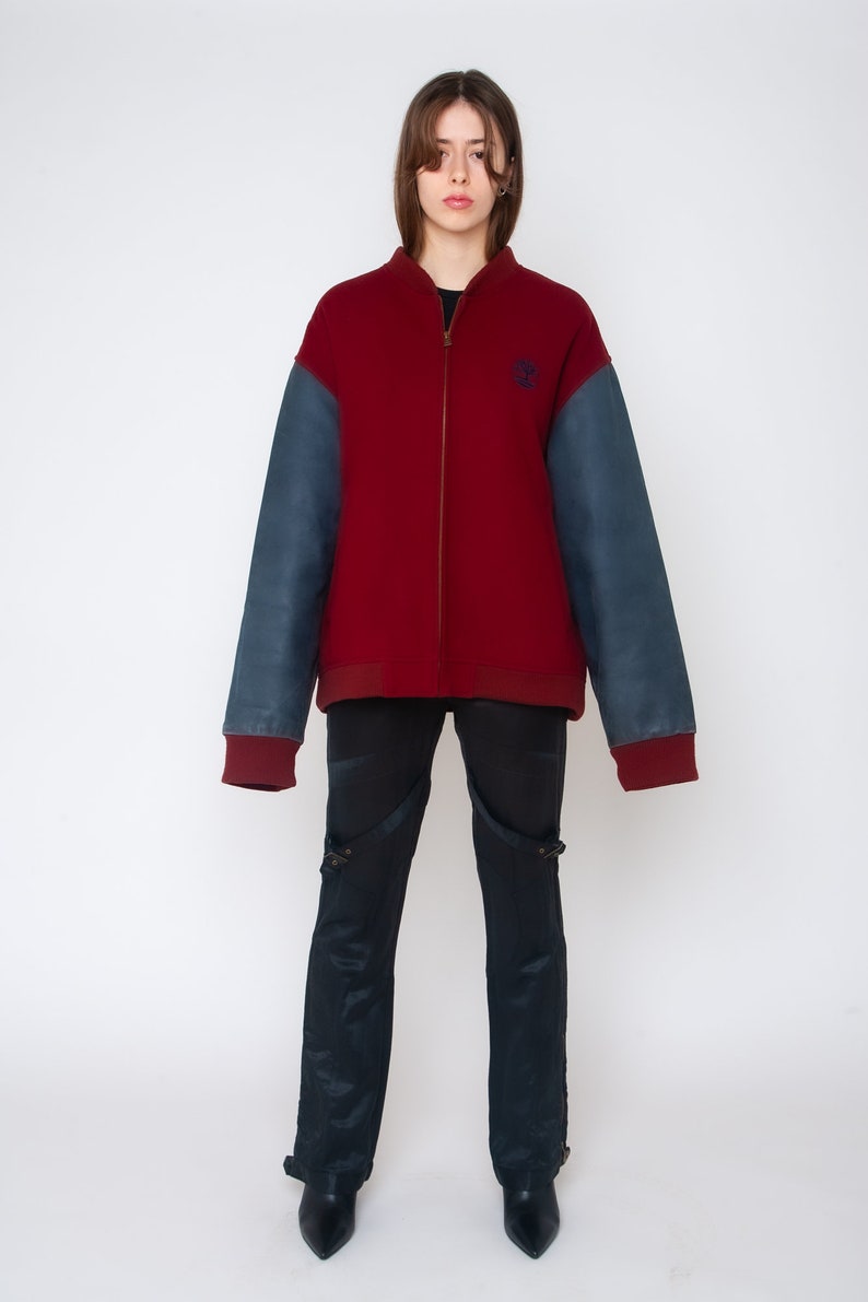 Red Leather Jacket 80s TIMBERLAND Wool Jacket Gray Bomber Jacket 90s ...