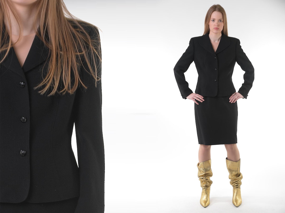 ESCADA Suit 90s Vintage Escada Black Tweed Three Piece Suit Jacket 80s ...