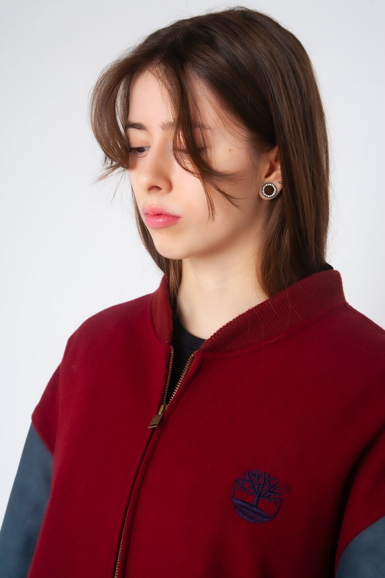 Red Leather Jacket 80s TIMBERLAND Wool Jacket Gray Bomber Jacket 90s ...