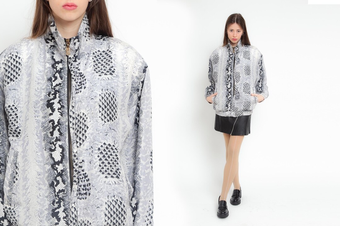 80s Snake Print Bomber Jacket Zip up Jacket 1980s Vintage Black and ...