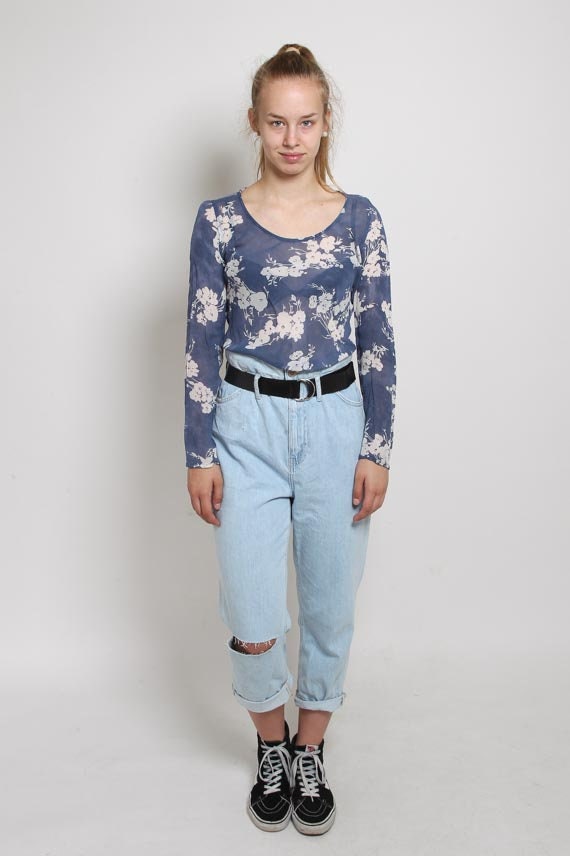 1990s Blue Floral Blouse Vintage 90s Sheer Top Boat Neck Y2K Romantic ...