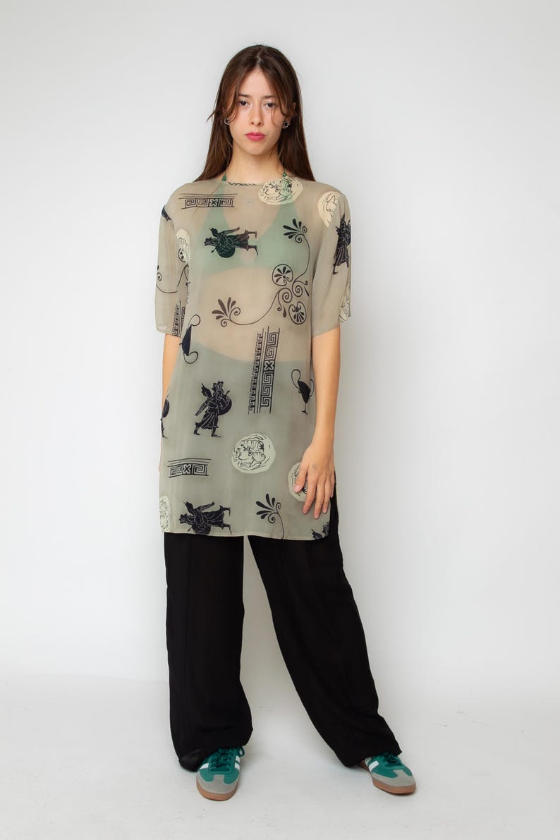 90s Sheer Dress 1990s Tunic Top Ancient Greece Print Ethnic Geometric ...