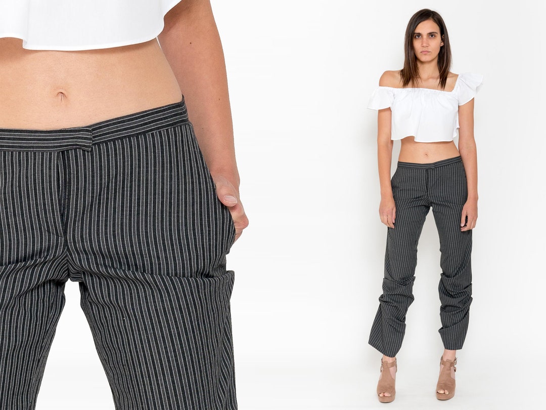 Striped Pants Vintage 90s Gray Drawstring Black WOOL Asymmetric Pleated ...