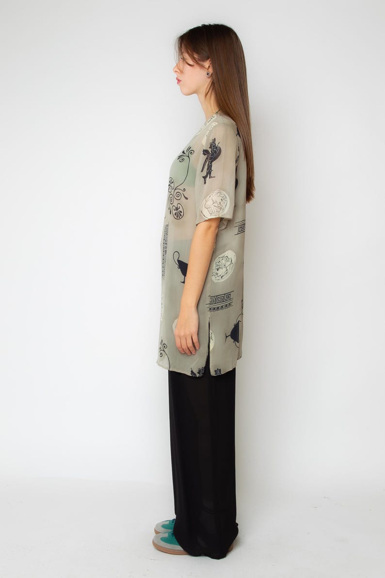 90s Sheer Dress 1990s Tunic Top Ancient Greece Print Ethnic Geometric ...
