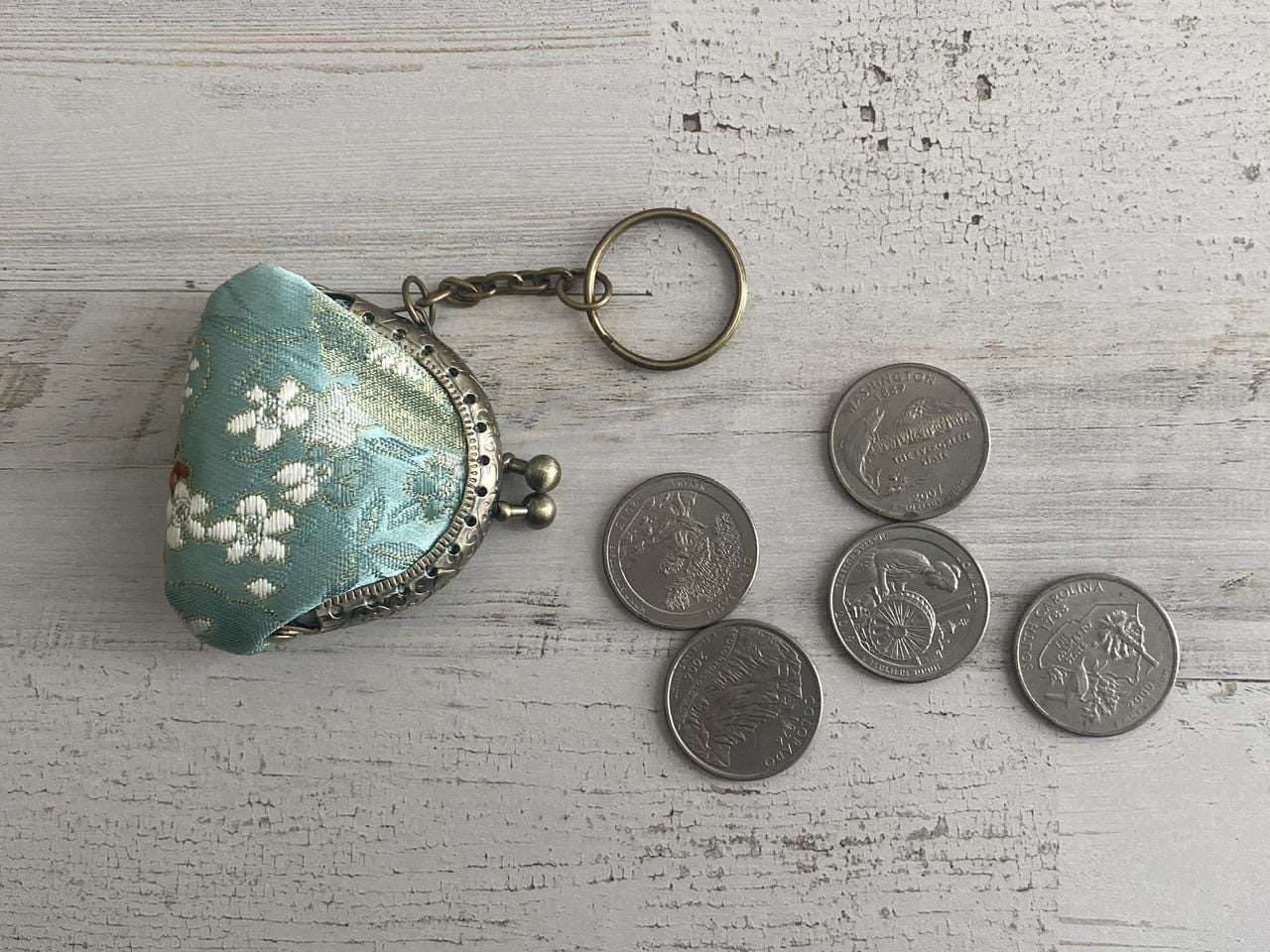 Blue Embroidery Mini Coin Purse With Key Chain - Etsy