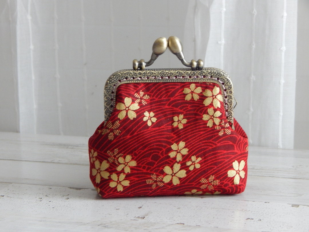 Red Japanese Floral Design Coin Purse Wallet With Kiss Clasp - Etsy