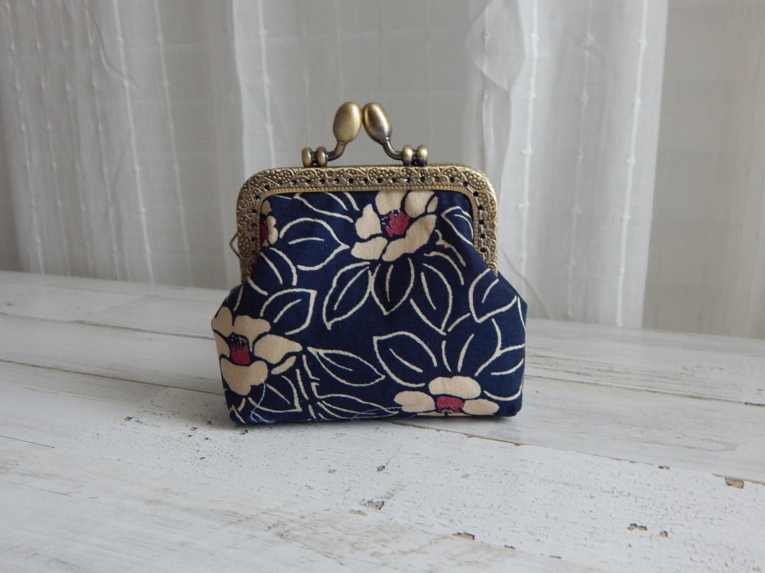 Dark Blue Floral Design Coin Purse Wallet With Kiss Clasp - Etsy