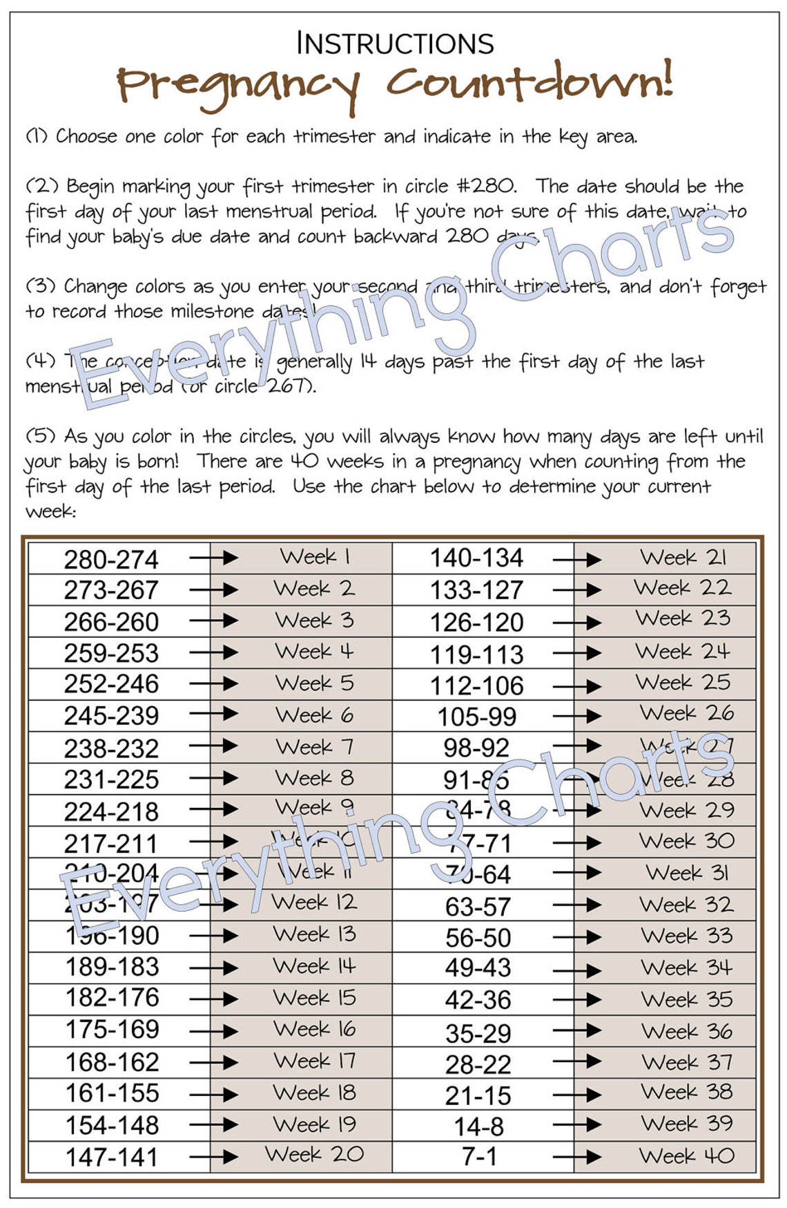 Pregnancy Countdown Chart - PDF Files/printable - Etsy