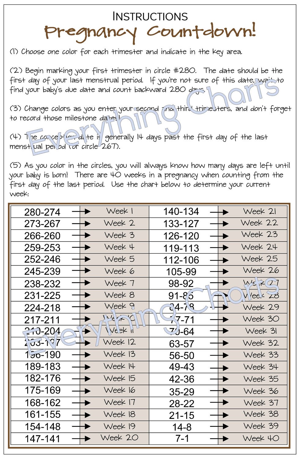 Pregnancy Countdown Chart - PDF Files/printable - Etsy