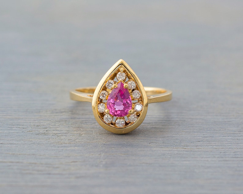 Vintage 14k Yellow Gold, Pink Ruby Diamond Ring - Retro Engagement Ring ...