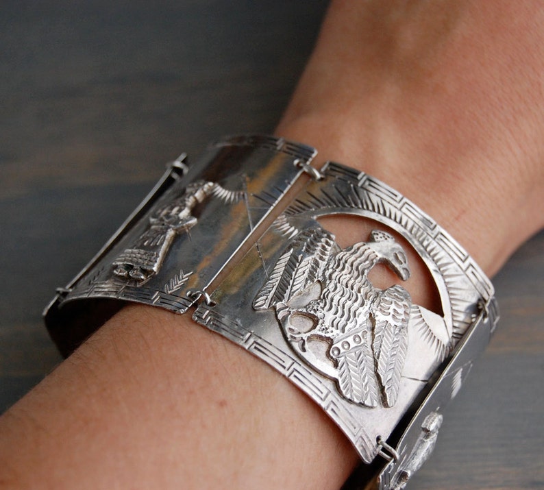 Large Silver Peruvian Bracelet - Vintage Sterling Link Cuff - Inca and ...