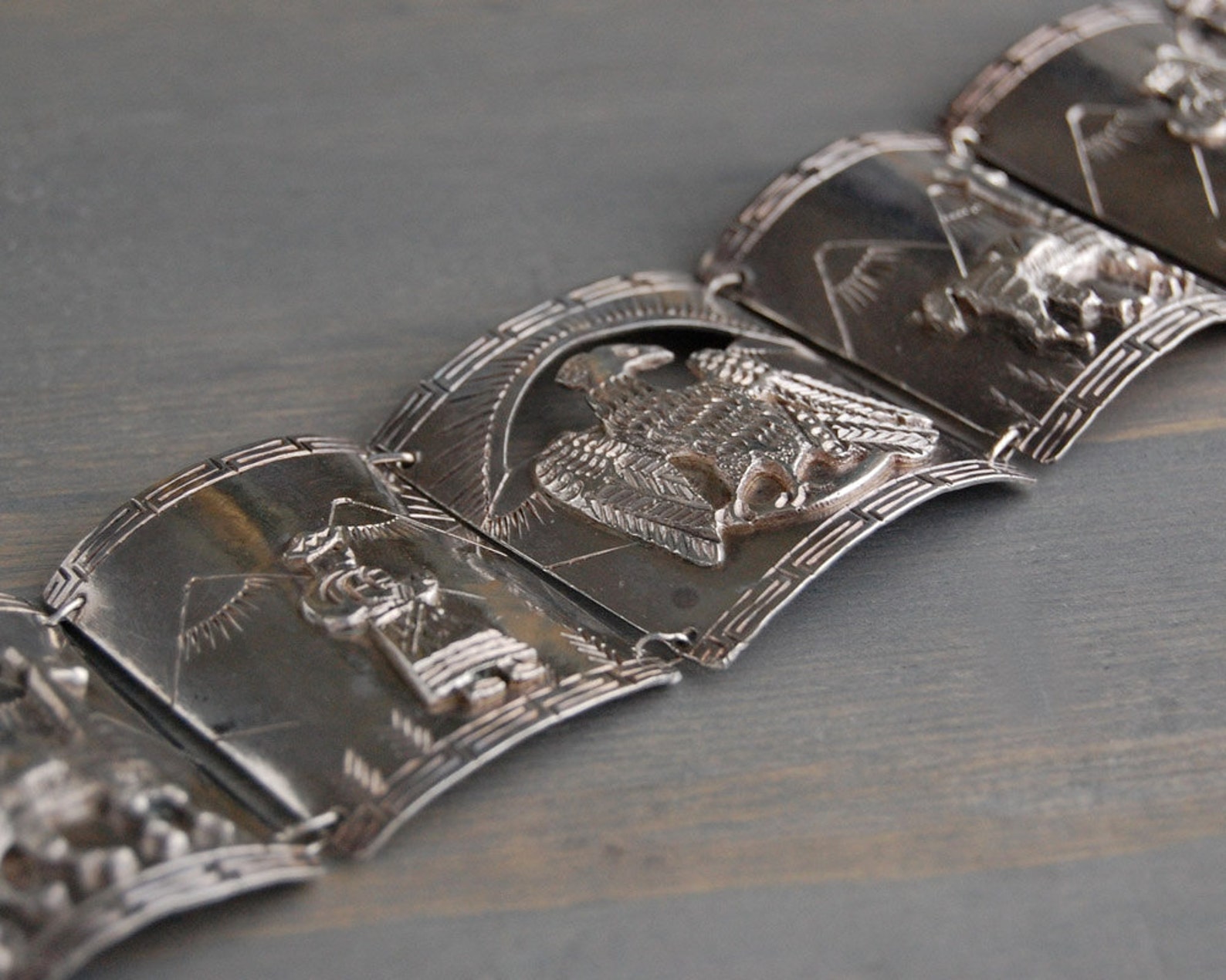 Large Silver Peruvian Bracelet - Vintage Sterling Link Cuff - Inca and ...