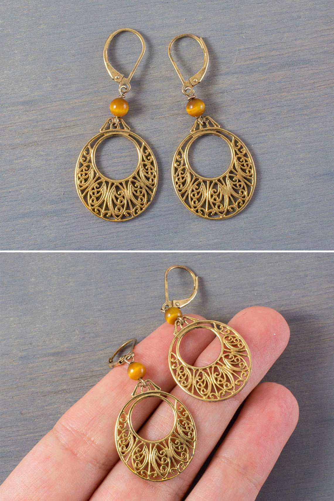 Vintage Sterling Vermeil Filigree Dangle Earrings - Tiger Eye Bead ...