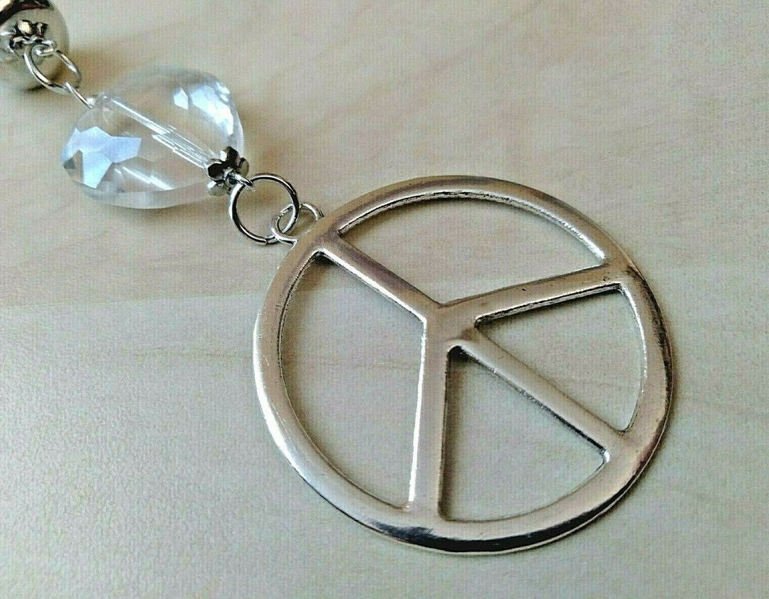 Peace Sign and Clear Crystal Heart Rearview Mirror Charm - Etsy