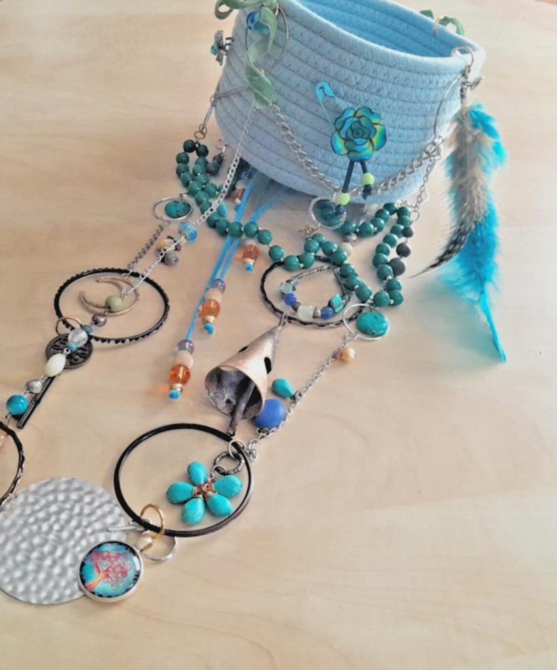 Bohemian Indoor Mixed Media Wind Chime Basket From Upcycled Jewelry - Etsy
