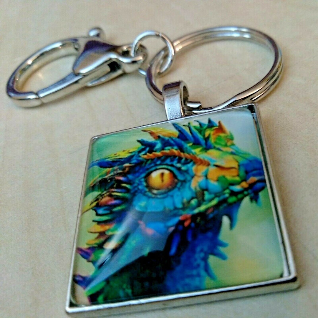 Vibrant Colorful Dragon Cabochon Glass Dome Key Ring With Large Clasp ...
