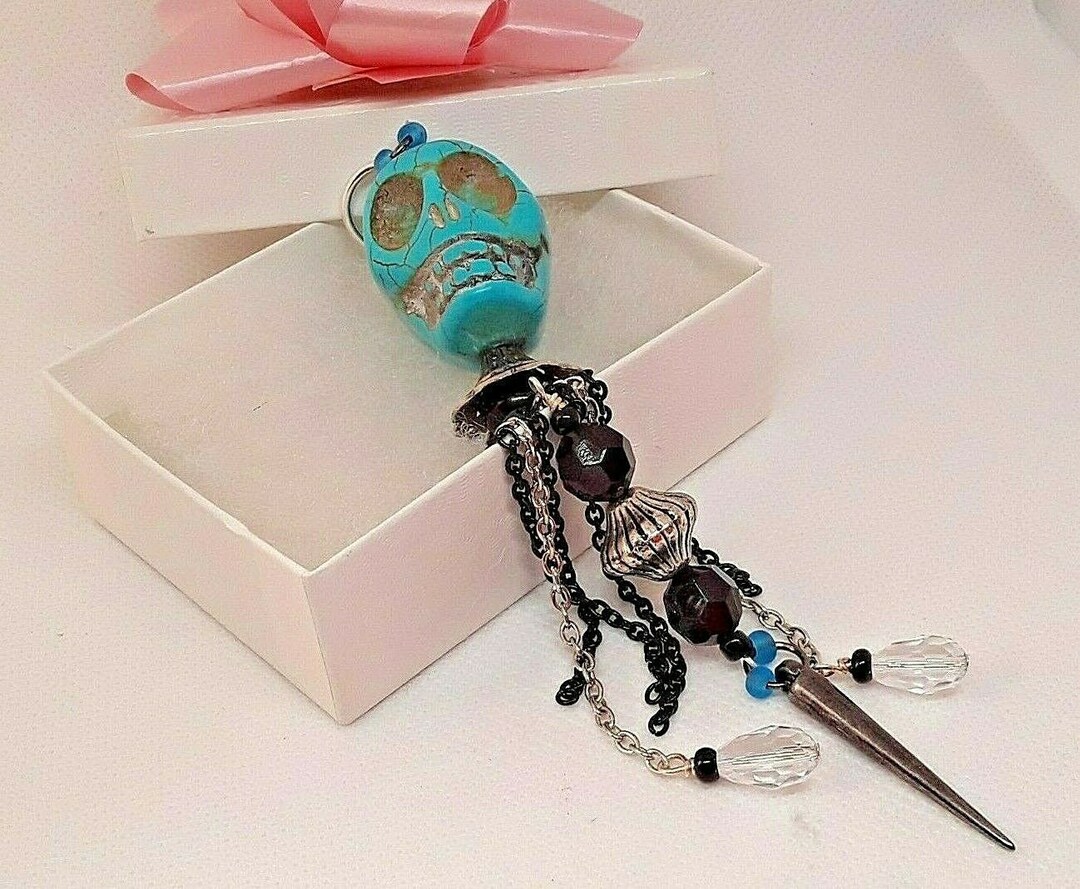 Skull Rearview Mirror Charm, Gothic Car Charm, Turquoise Color Car ...