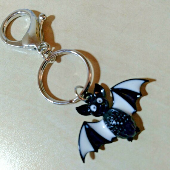 Bat Keychain Bag Charm Silver Tone With Black and White Enamel - Etsy
