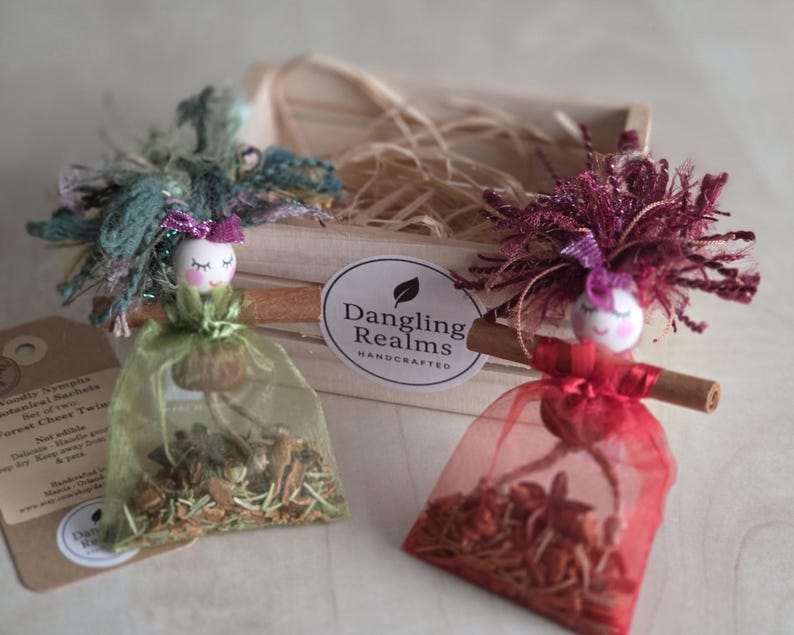 Handcrafted Woodly Nymph Charms – Botanical Sachet Figures in Wooden ...