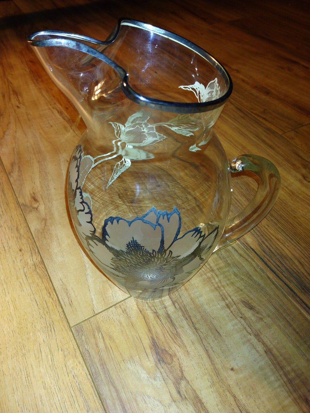 Vintage Glass Pitcher With Floral Design Silver Overlay - Etsy