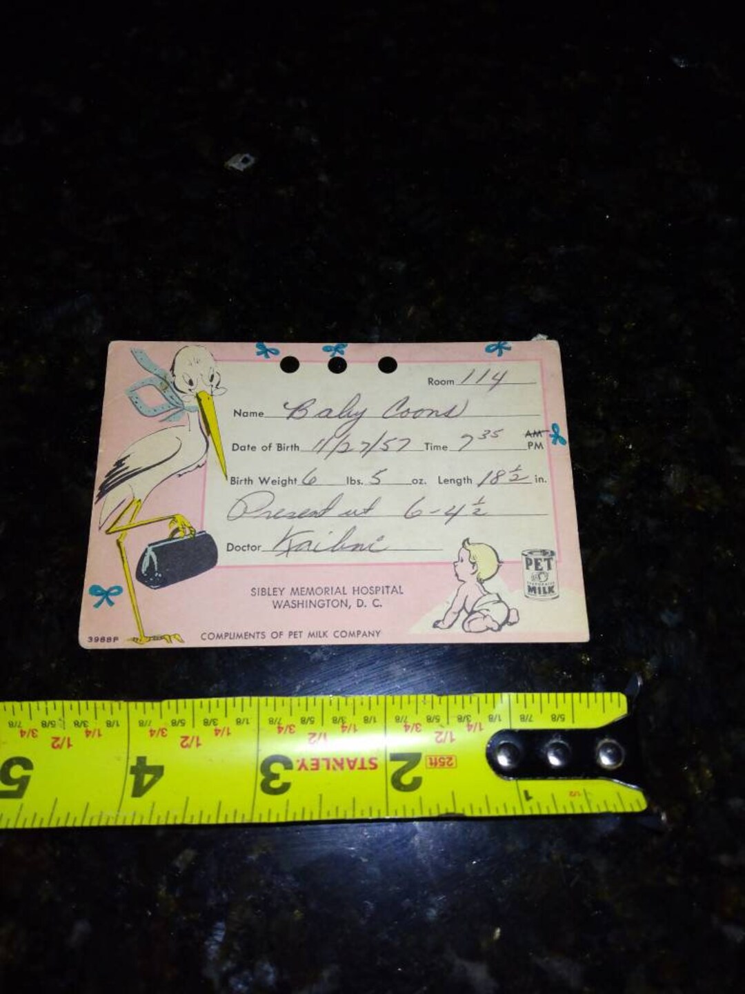 Vintage 1957 Pet Milk Birth Card Sibley Memorial Hospital Washington DC ...