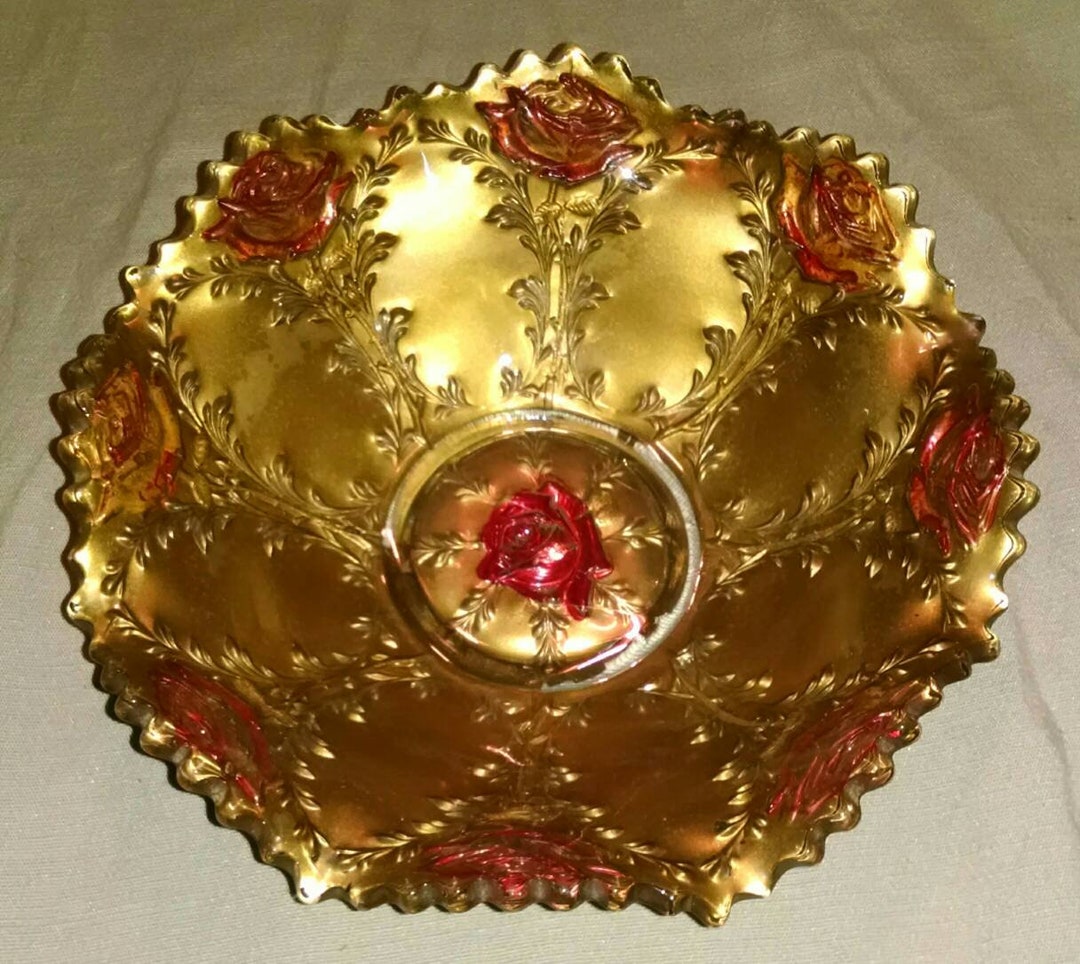 Vintage Goofus Glass Bowl Reverse Painted Red Flowers - Etsy
