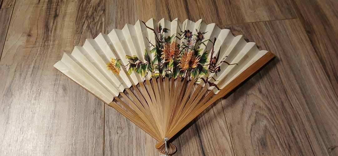 Vintage Paper Hand Fan With Floral Design - Etsy