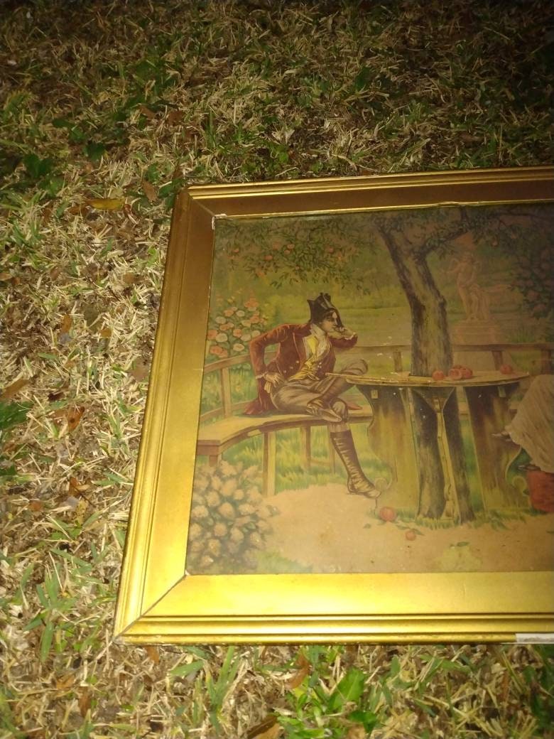 Antique Victorian Hand Colored Print Courting Couple Garden Courtyard ...