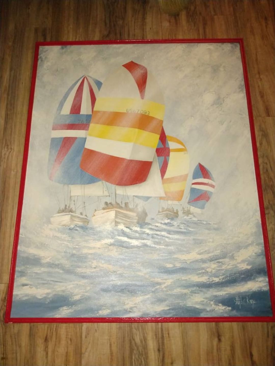 Vintage Stephen Kaye Large Painting Featuring Sailboats. Nice and ...