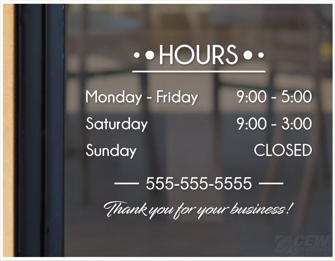 Store Hours Decal, Hours of Operation Sticker, Business Hours Door ...