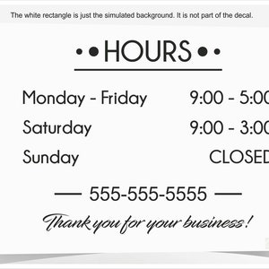 Store Hours Decal, Hours of Operation Sticker, Business Hours Door ...