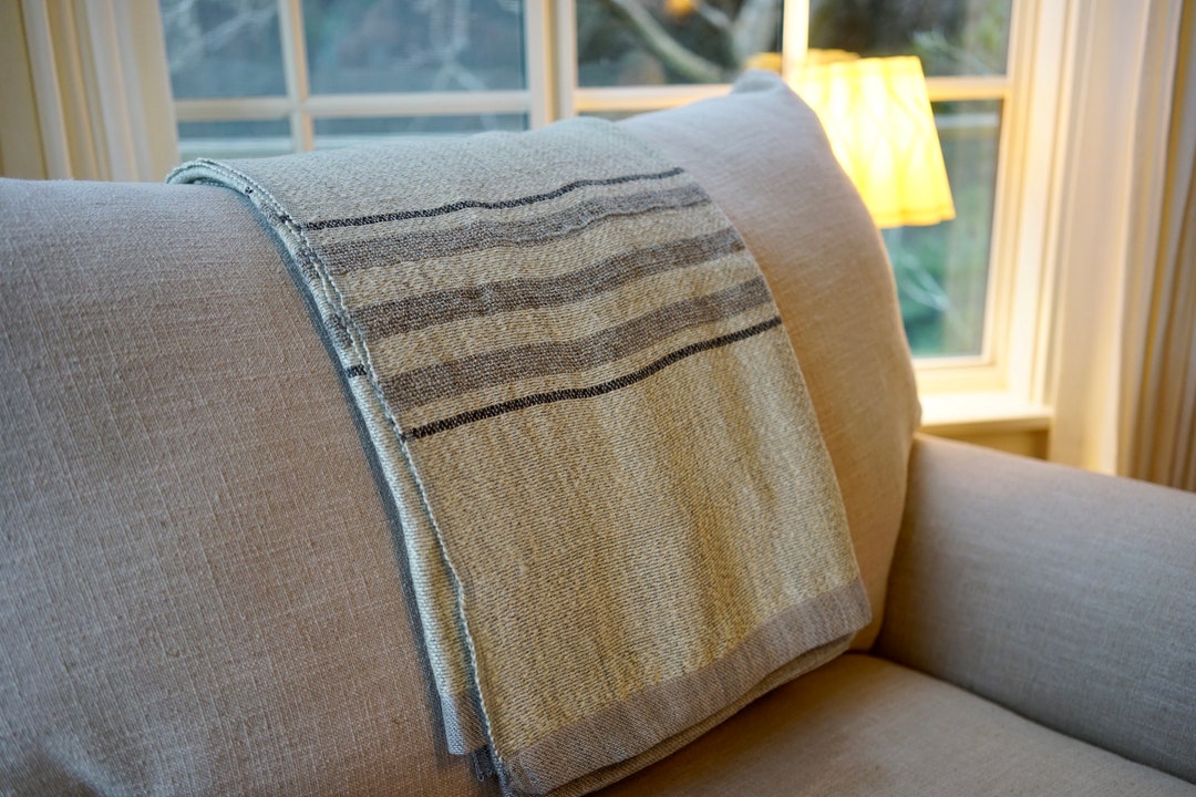 Throw - Handwoven Natural Light Grey Wool Throw With Grey Stripes #49 ...