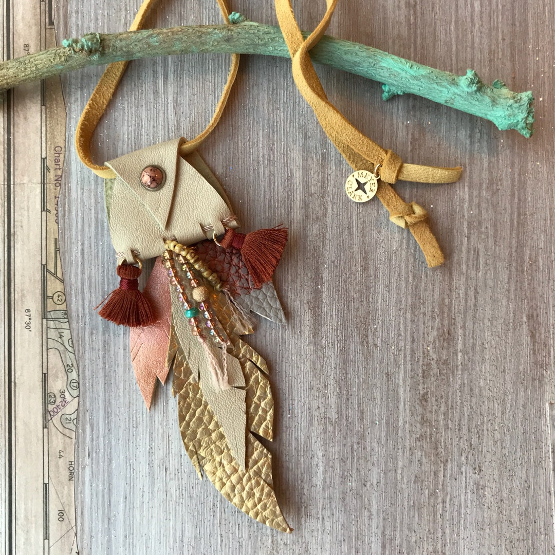 Leather Necklace, Leather Feathers, Silk Tassels, Hand Painted, Peach ...