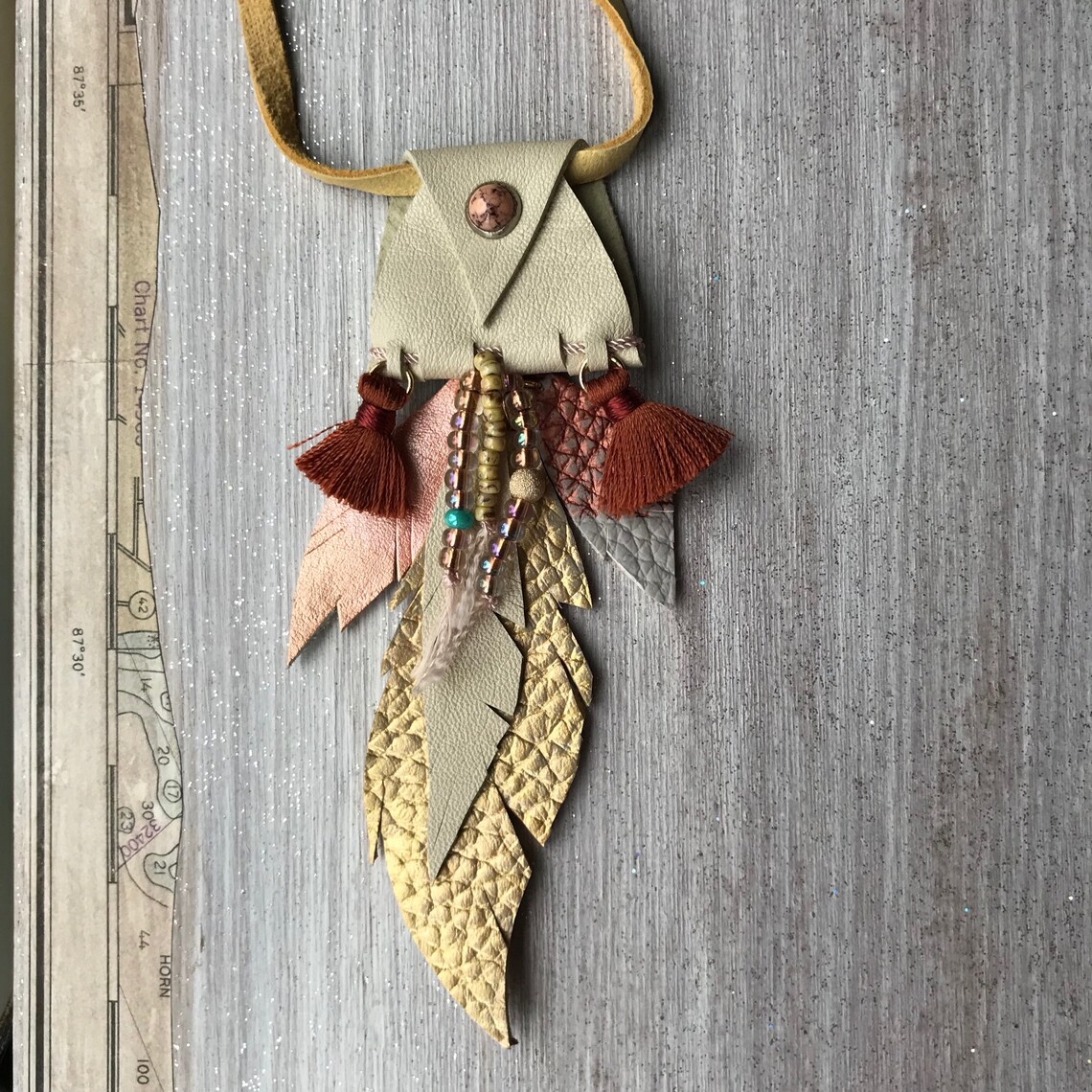 Leather Necklace Leather Feathers Silk Tassels Hand | Etsy