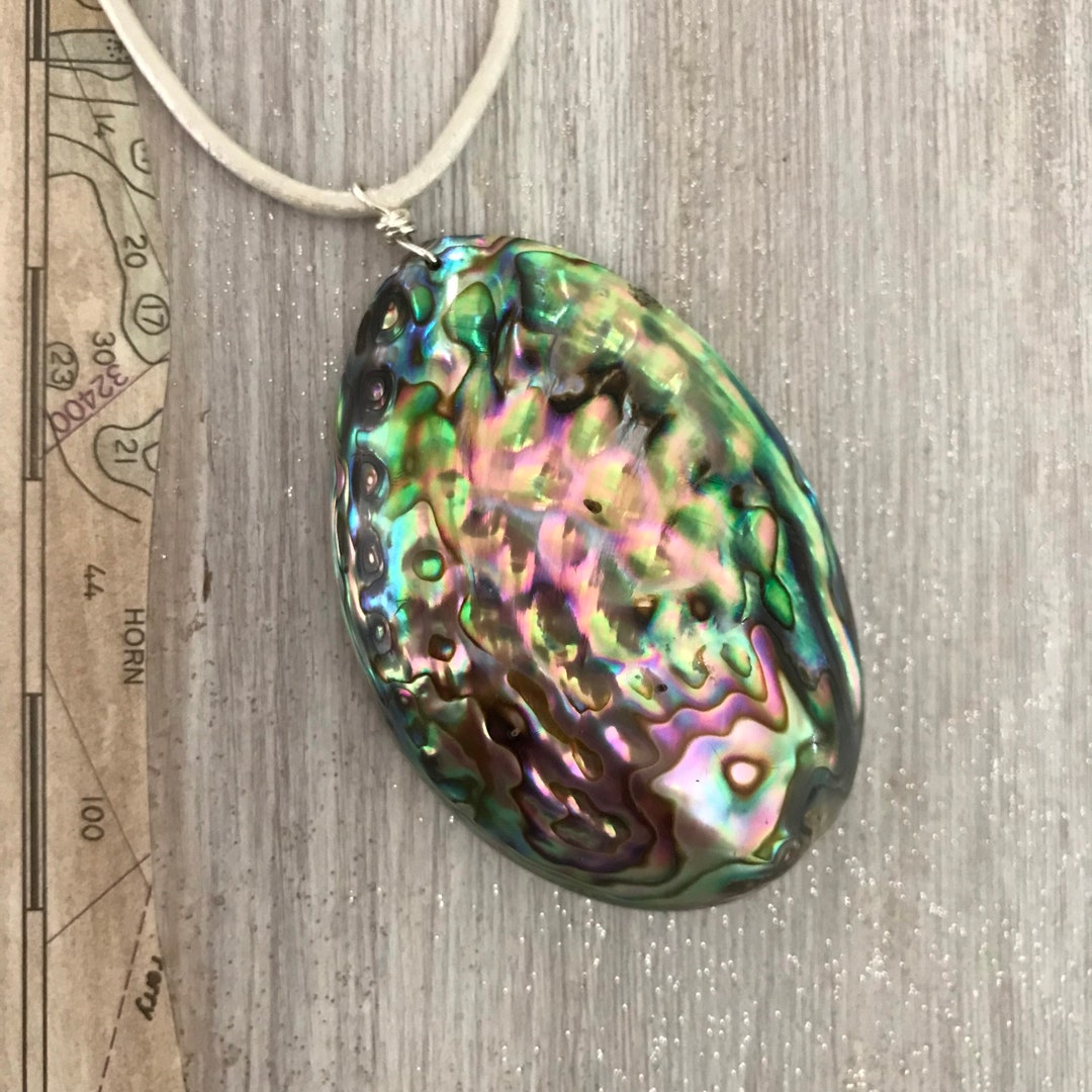 Abalone Necklace, Iridescent, Pink and Green, Sea Shell, White Leather ...