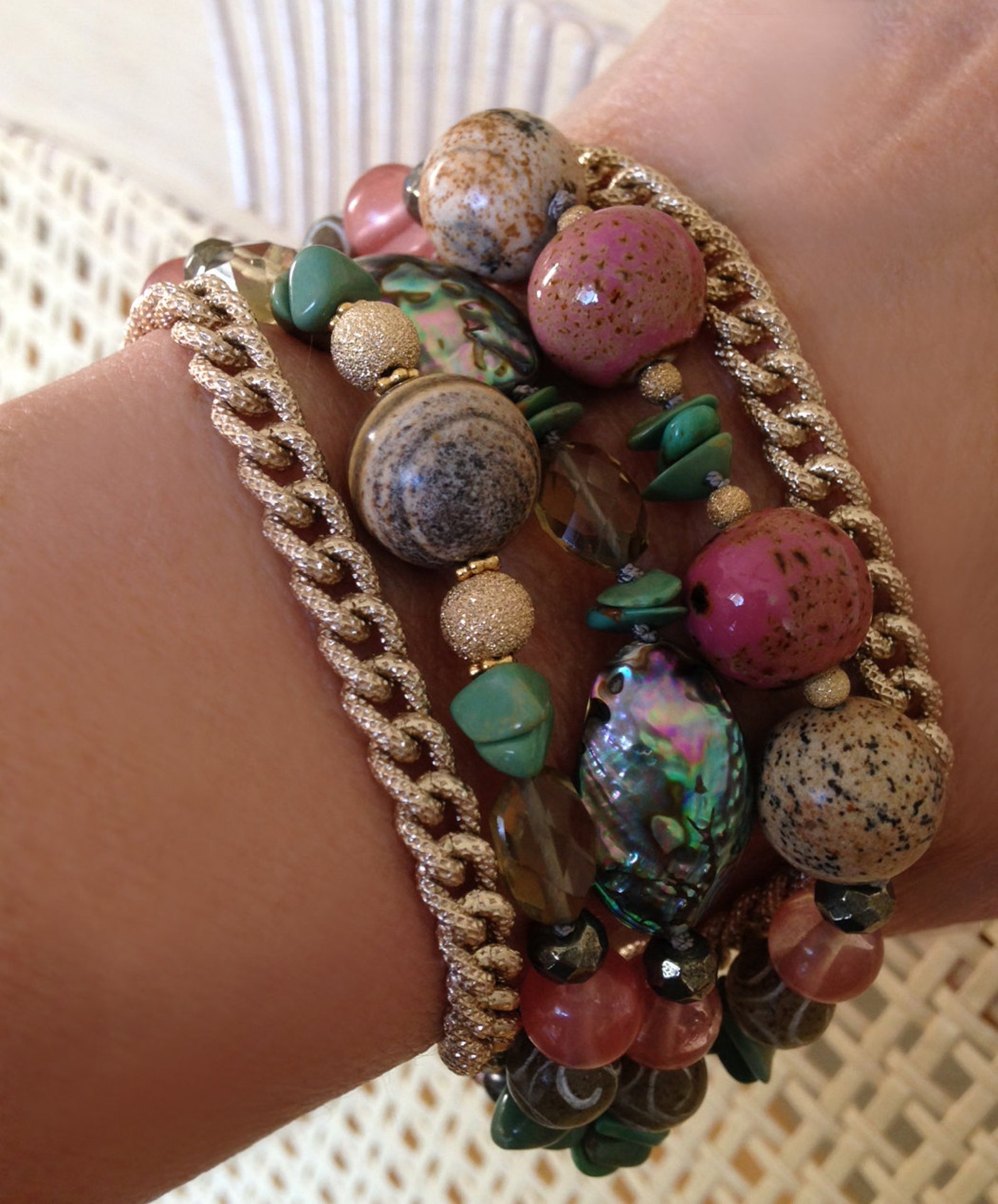 Abalone Bracelet With Hand-knotted Beads Turquoise and - Etsy