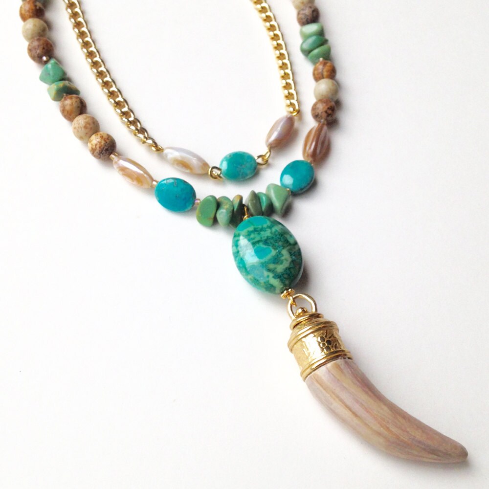 Tusk Necklace, Boho Necklace, Semi-precious Beads, Turquoise, Jasper ...